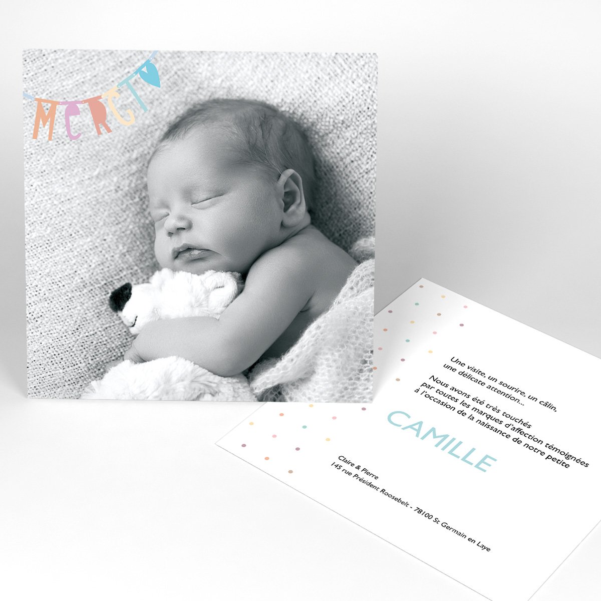 Carte de Remerciement Naissance Guirlande Merci pastel | Echantillon offert